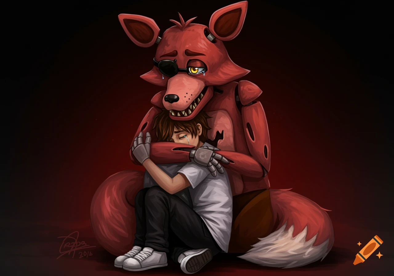 Digital art of Foxy from FNaF comforting a crying boy. on Craiyon