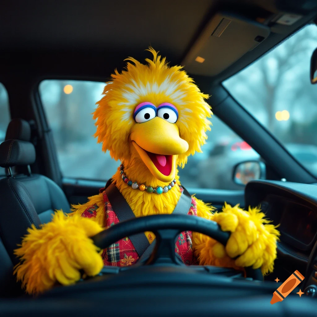 Big Bird behind the wheel of a car, seen from the driver's perspective ...