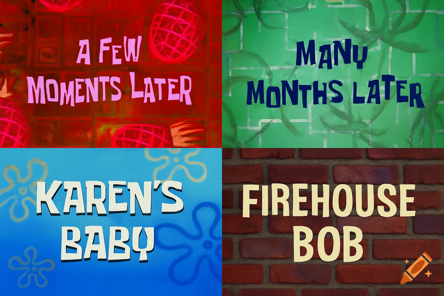 Four panels mimicking SpongeBob title cards with text: 'A few moments ...