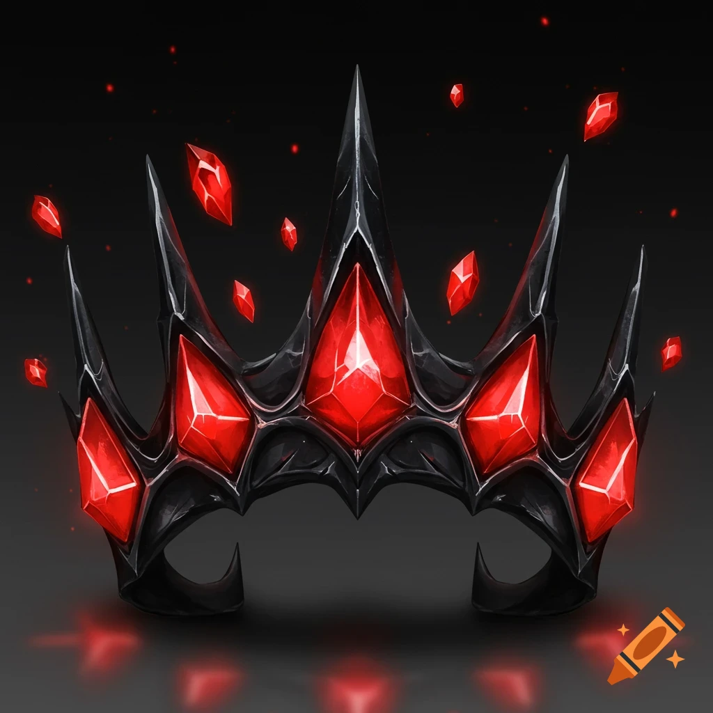 A dark, spiky crown decorated with large red gems and floating red ...
