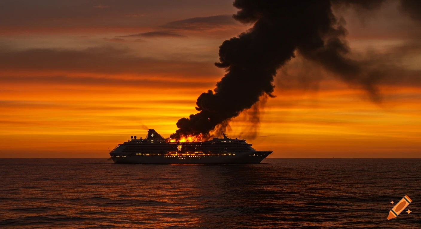 A large cruise ship burns on the ocean with thick black smoke rising ...