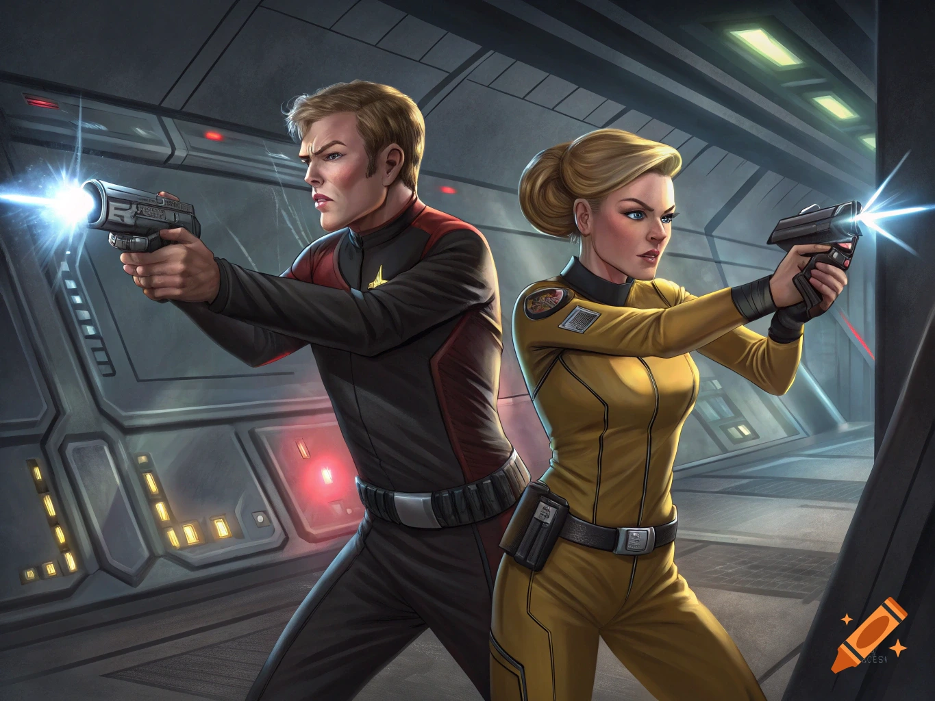Two characters in sci-fi uniforms hold phasers in a spaceship corridor. on Craiyon