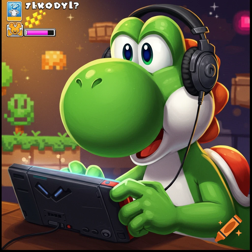 Yoshi wearing headphones and playing a portable video game console ...