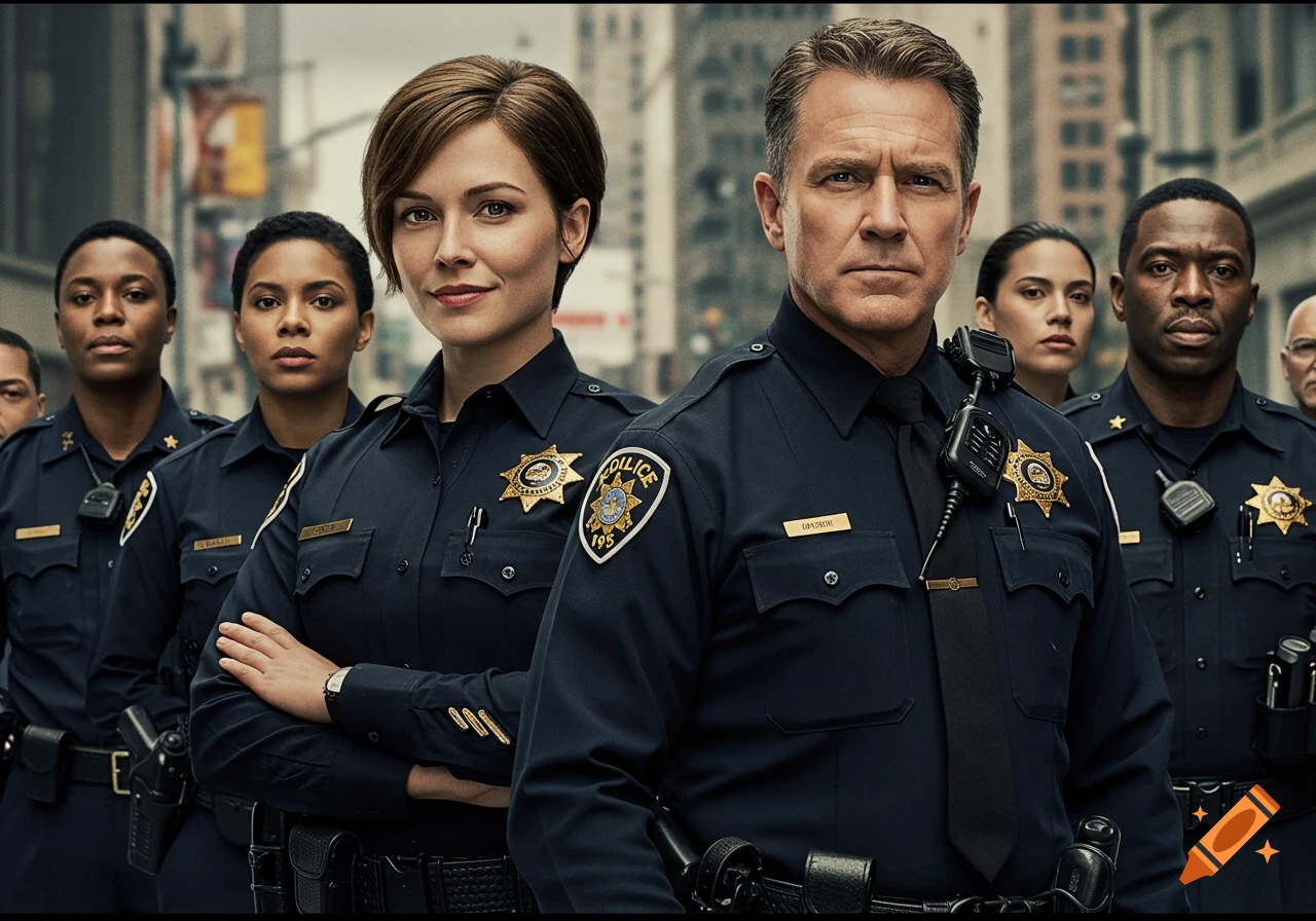 Photorealistic portrait of a diverse group of police officers standing ...