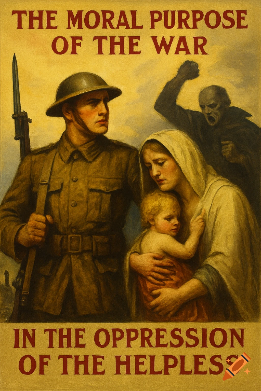 WWI propaganda poster: soldier, woman, child, dark figure. Painted ...