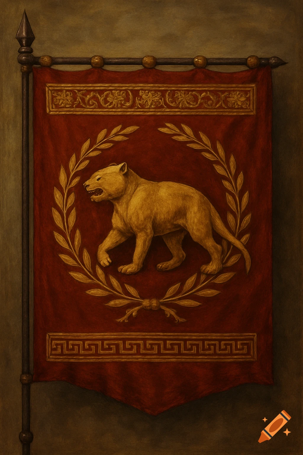 Red flag with a golden thylacoleo emblem inside a wreath, in a ...