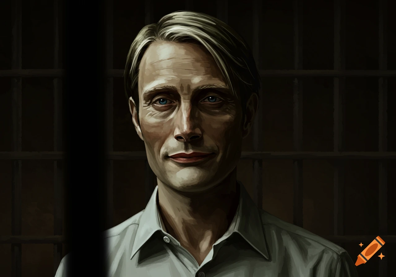 Illustrative portrait of a man resembling Hannibal Lecter behind prison bars on Craiyon