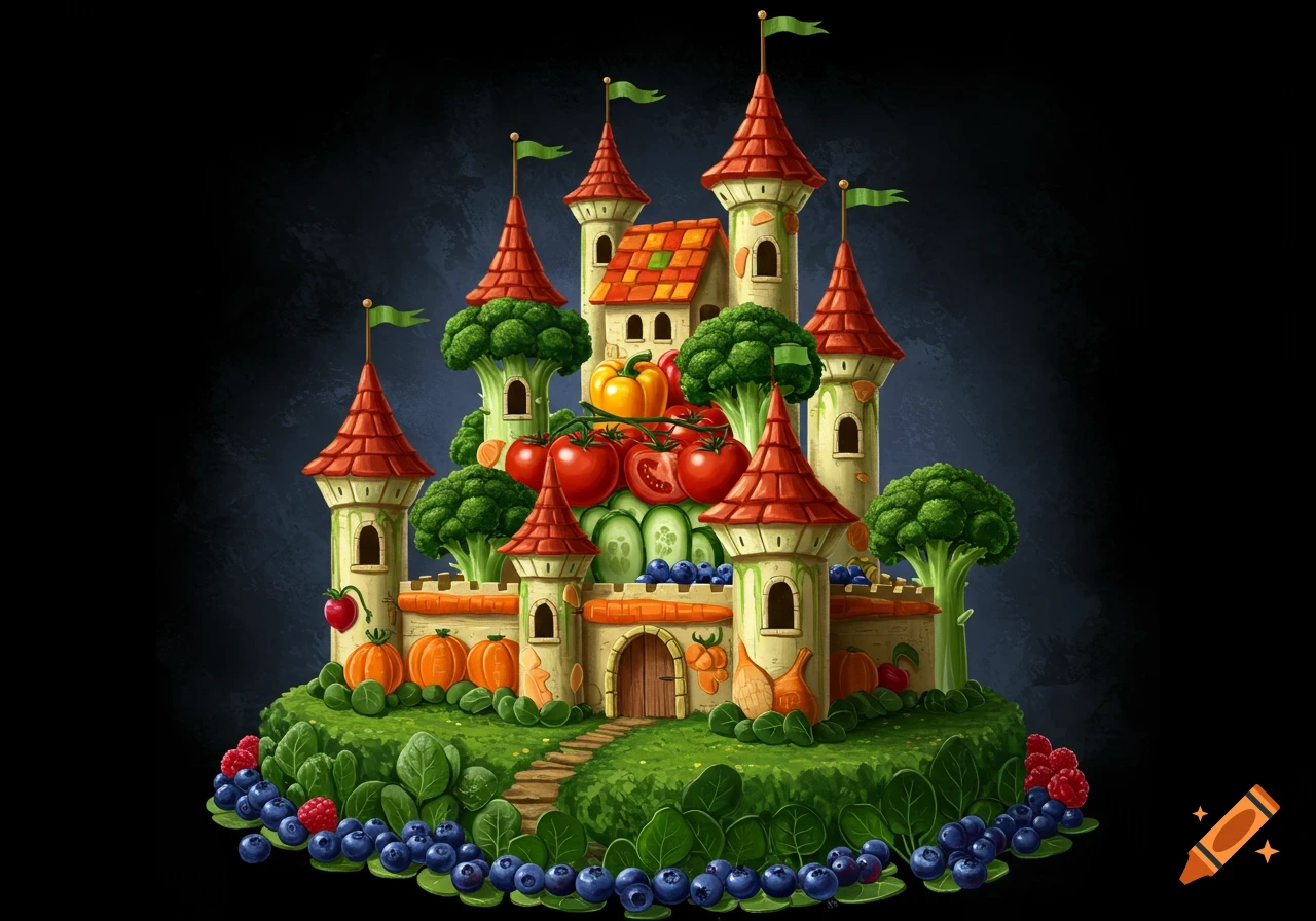 Illustration of a fantasy castle made from vegetables and fruits like ...