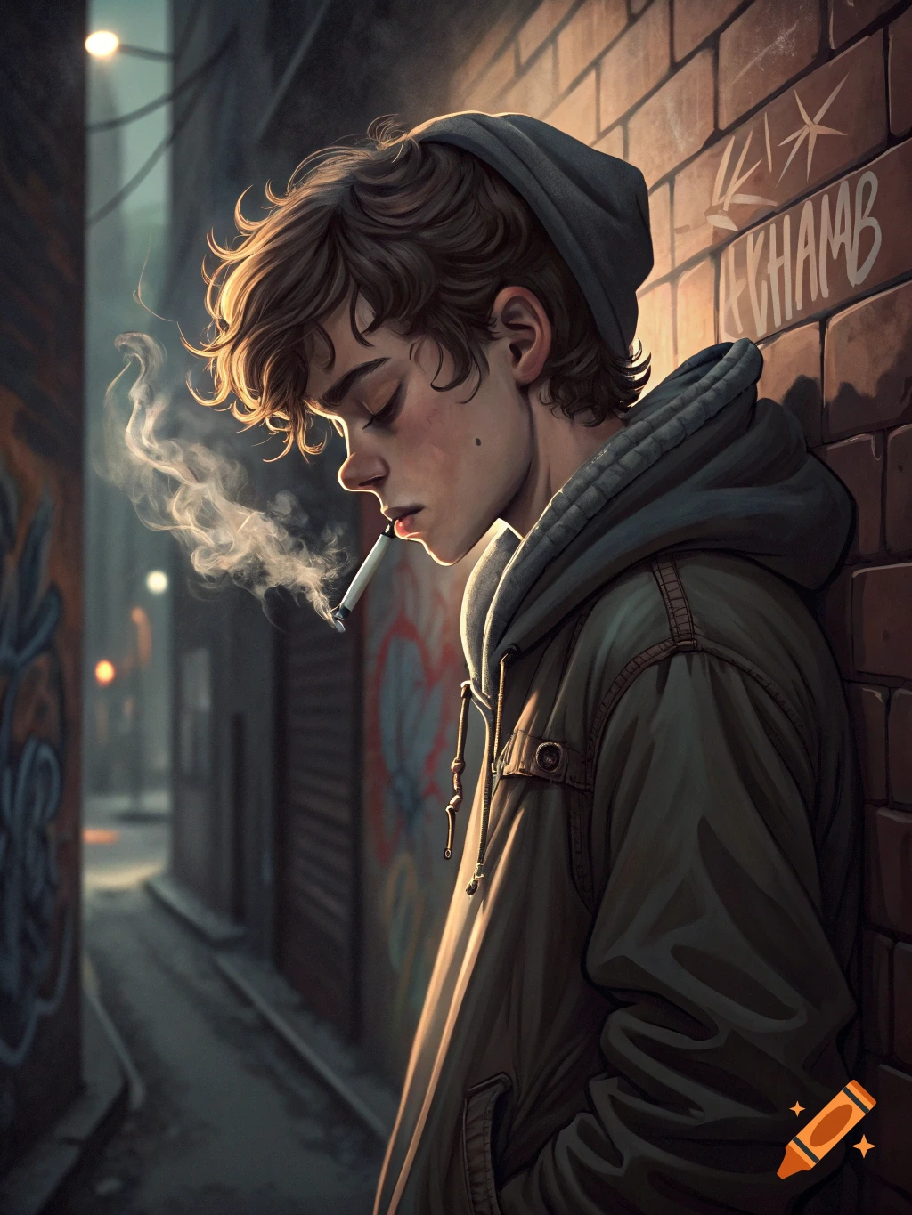 Illustrated portrait of a young man smoking a cigarette in a dark urban ...