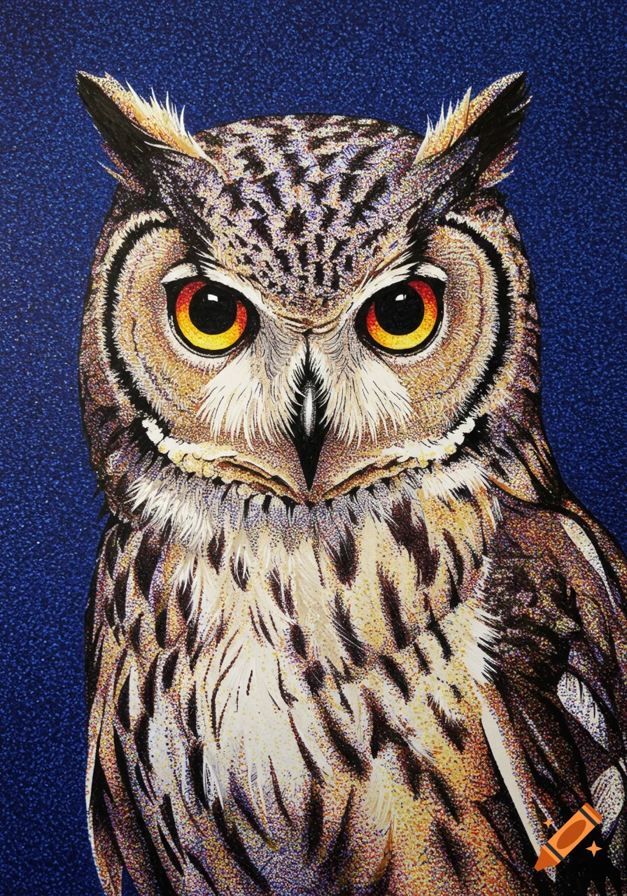 Pointillism drawing of an owl's face on Craiyon