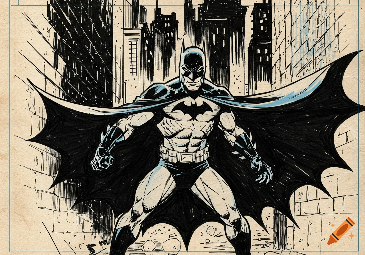 Inked comic book drawing of Batman standing in front of city buildings ...