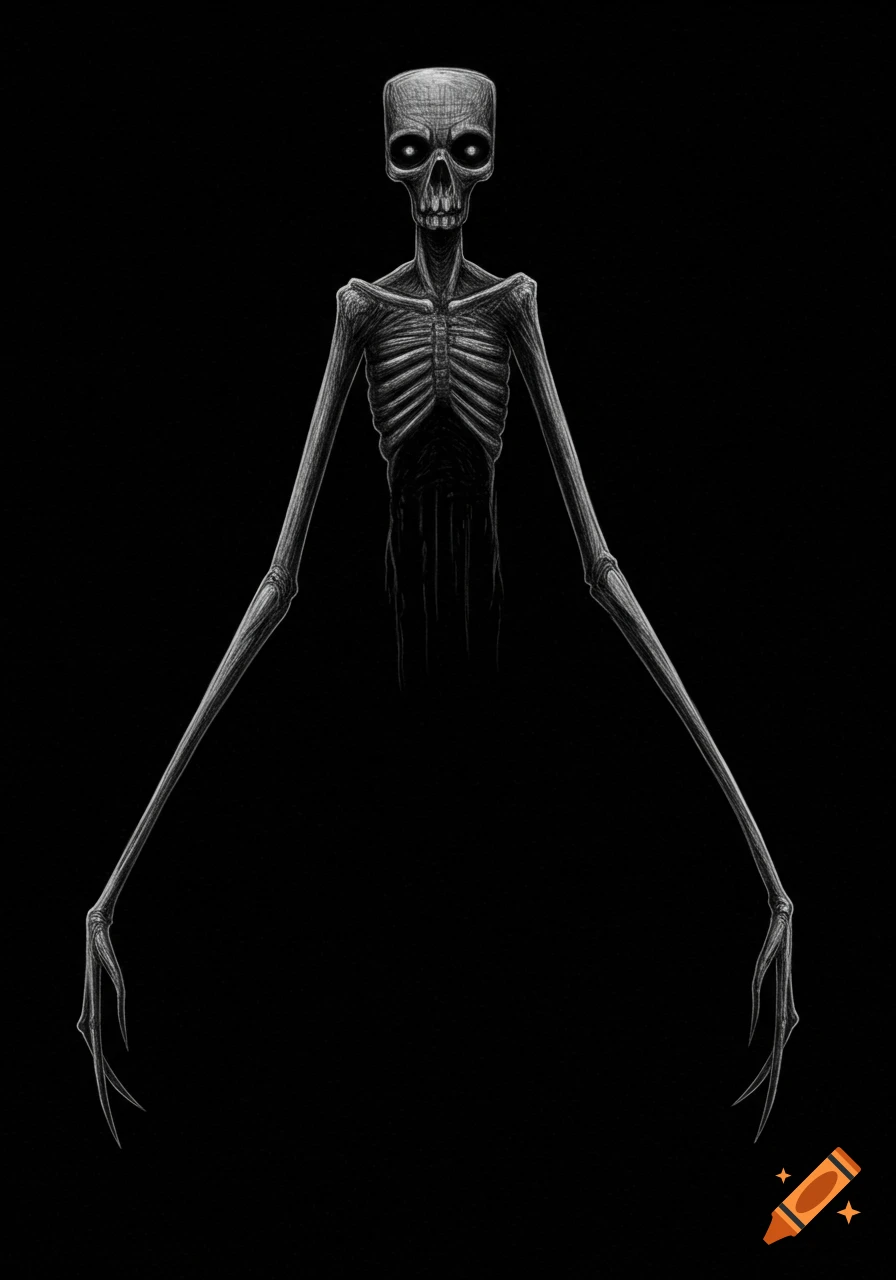 A black and white sketch of a tall, thin skeletal creature with long ...