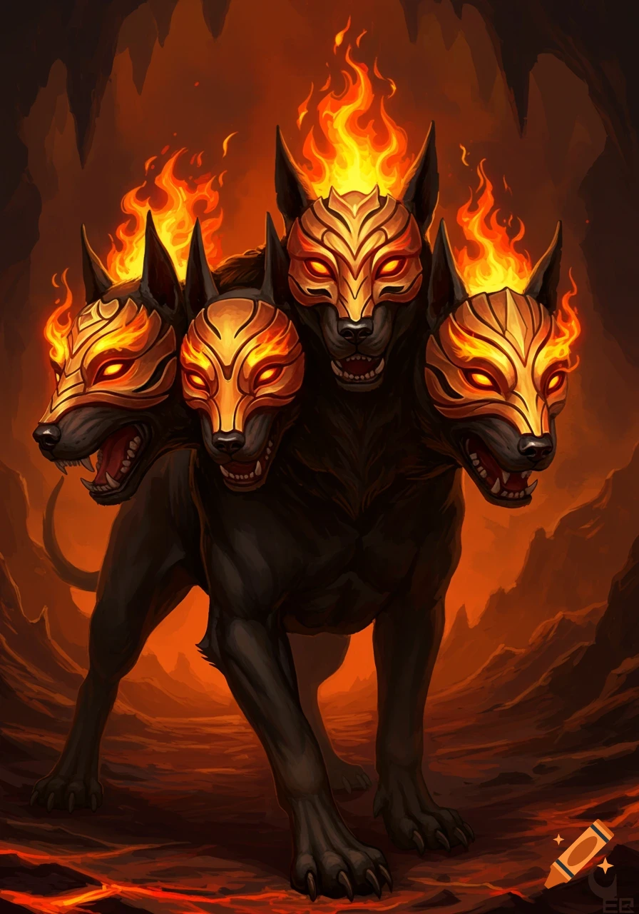 A three-headed black dog wearing golden flame masks with fire on its ...