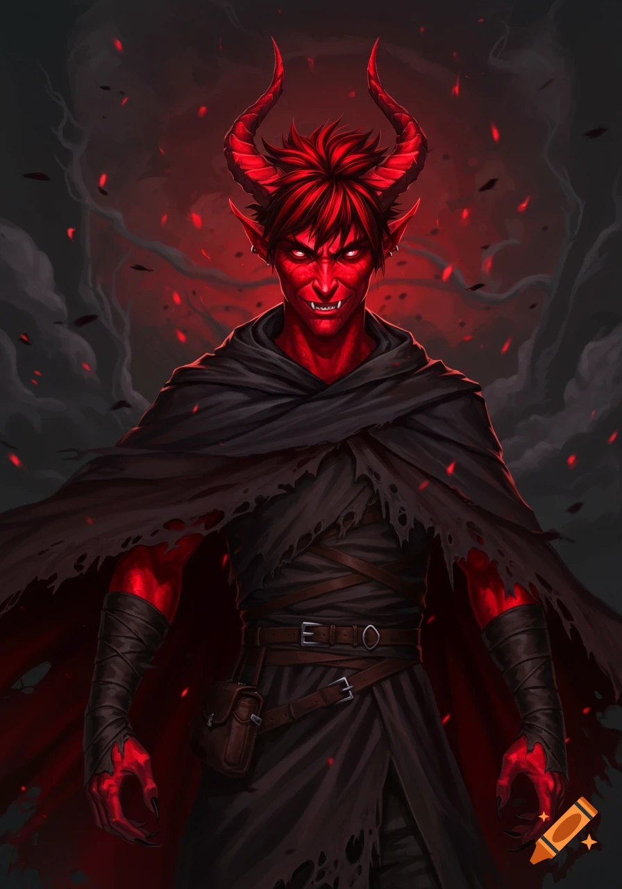 A digital painting of a red-skinned demon or tiefling with horns, wearing a dark, tattered cloak ...