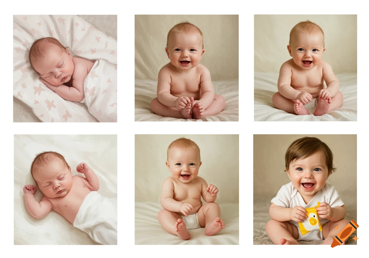 Six portraits of babies in various poses, some sleeping, some sitting ...