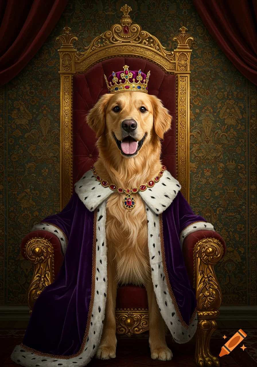 A Golden Retriever dog wearing a crown and purple robe sits on a regal ...