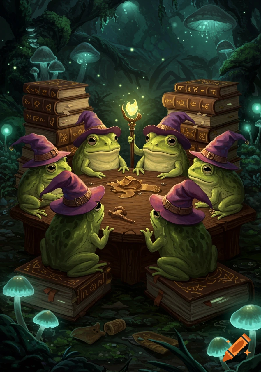 A group of frogs wearing wizard hats sit around a table with books in a ...