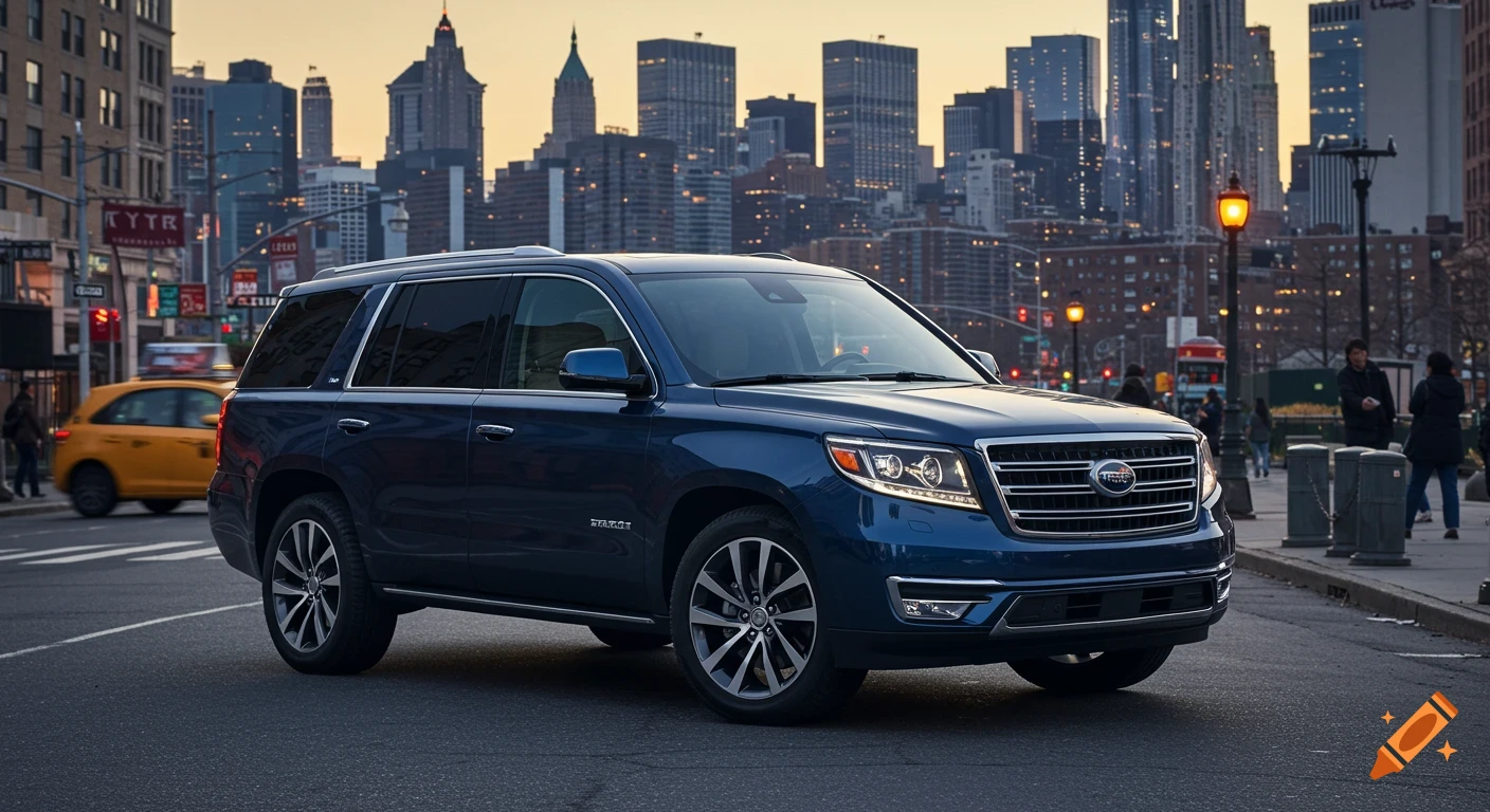 Blue SUV parked on a city street with New York City skyline at dusk on ...