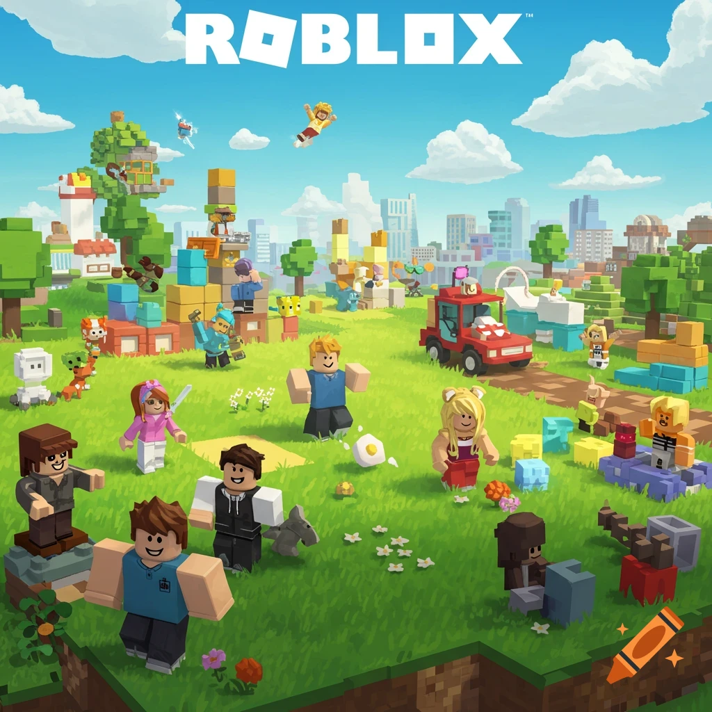 Blocky characters play and build in a stylized landscape with trees ...