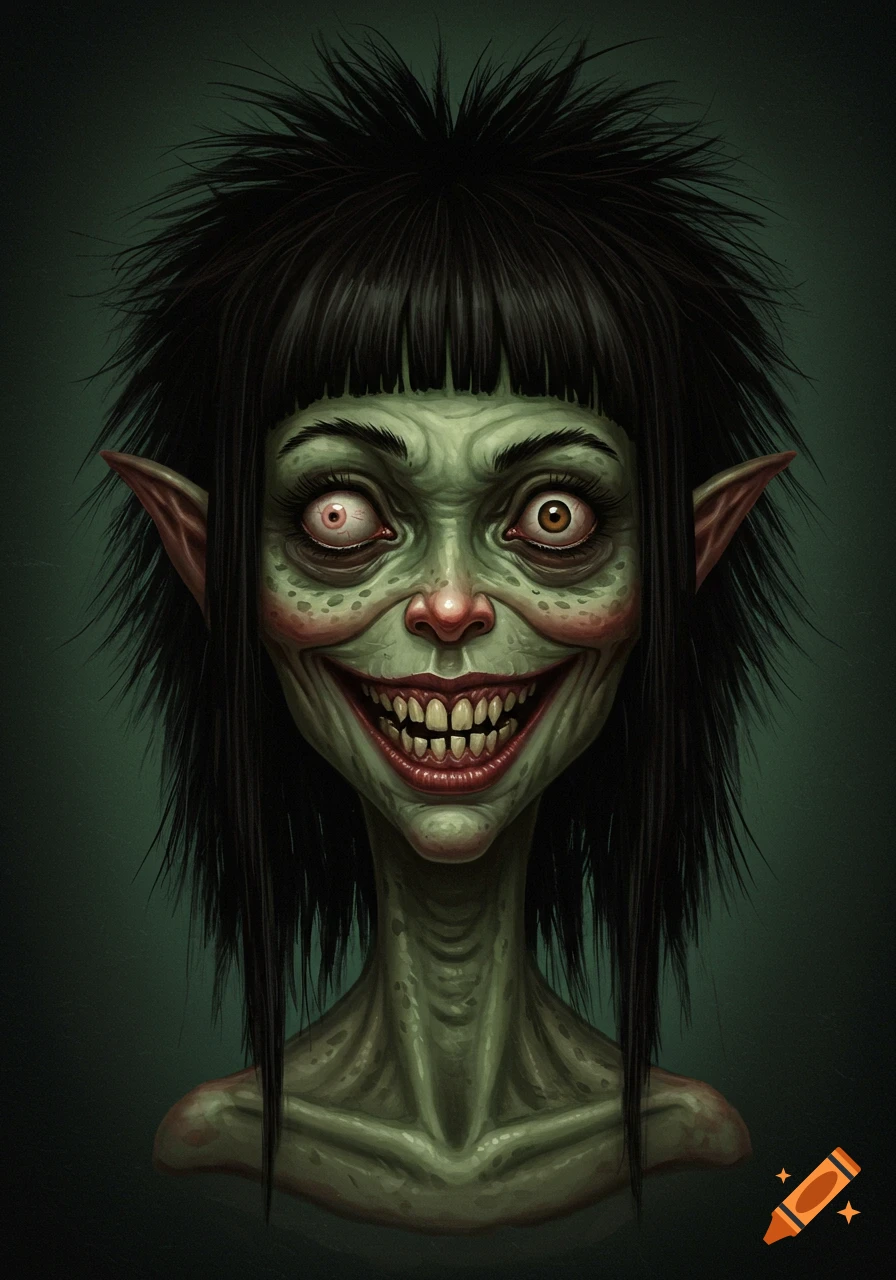 Illustration of a creepy, green-skinned creature with sharp teeth and ...