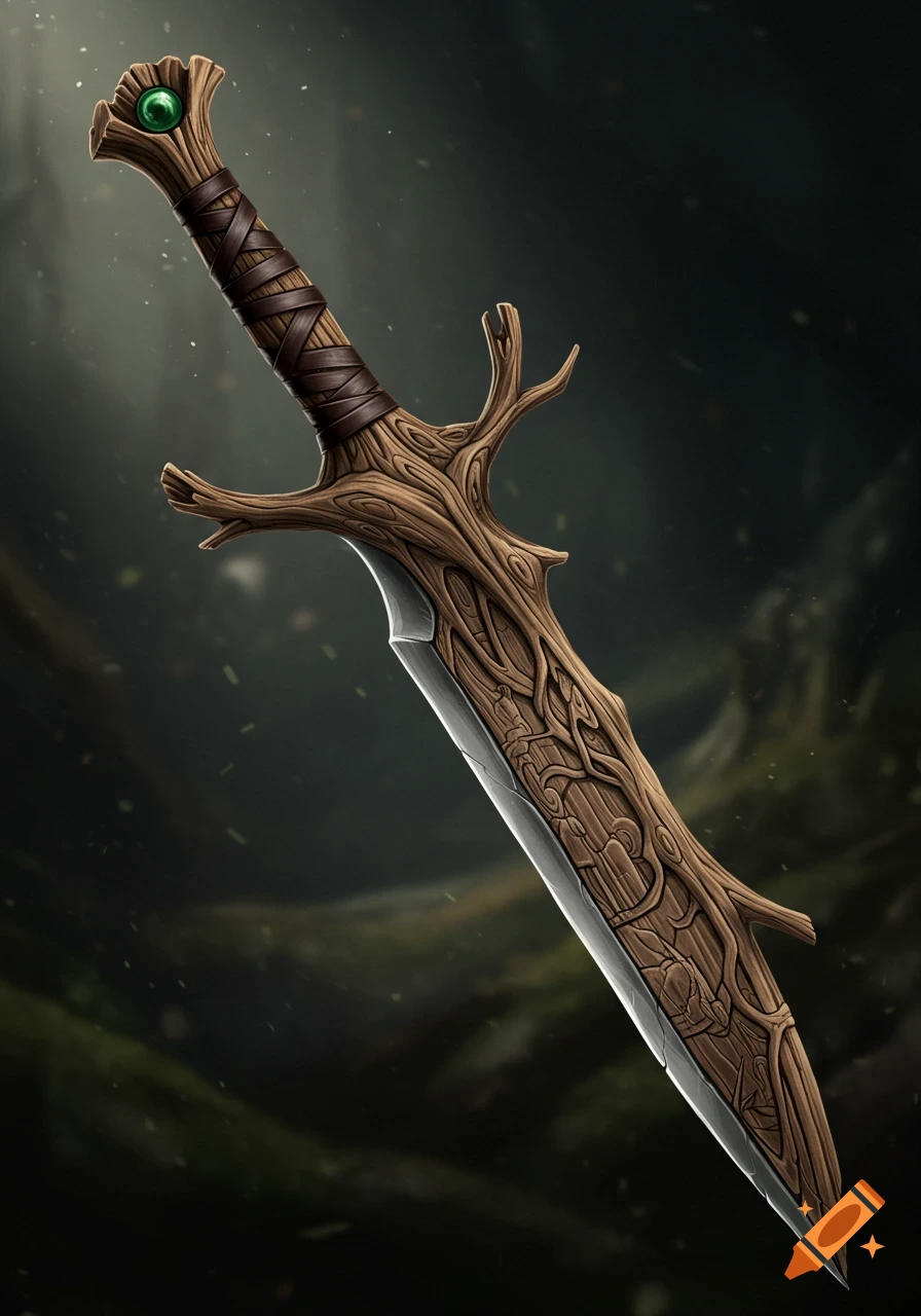 A fantasy sword with a wooden handle and hilt resembling a tree branch ...