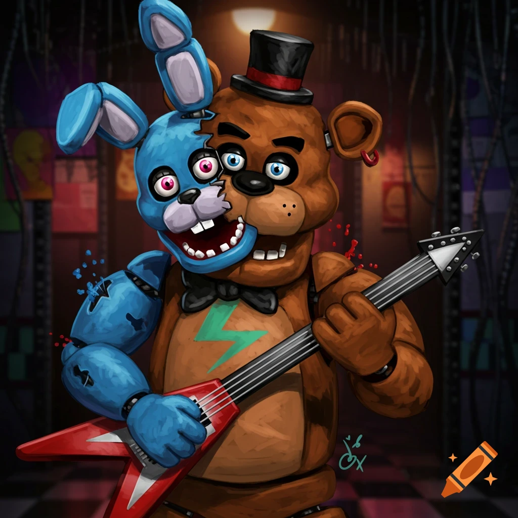 Illustration of a character split between Freddy Fazbear and Bonnie the ...