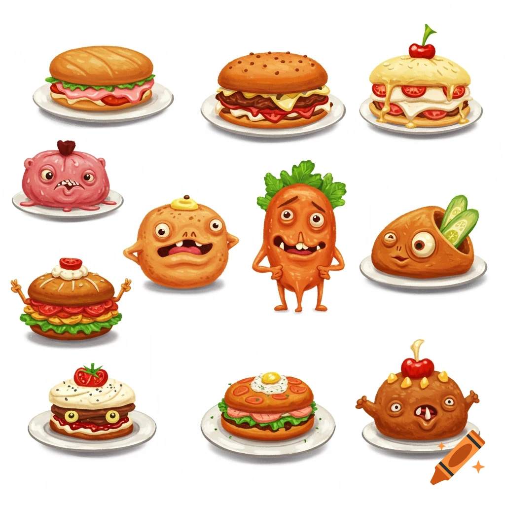 Illustration of several ugly food characters including burgers, a ...