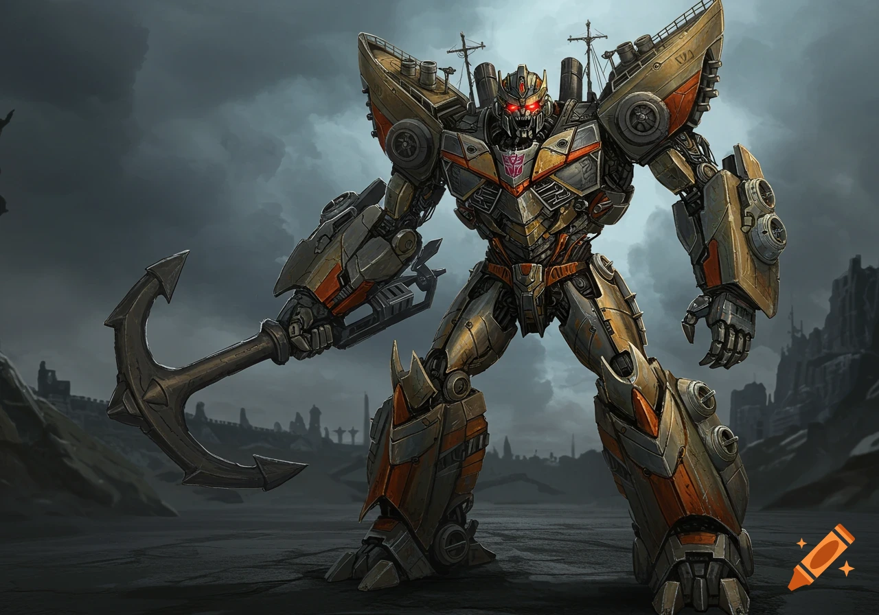Illustration of a Transformers robot with ship elements holding a large ...