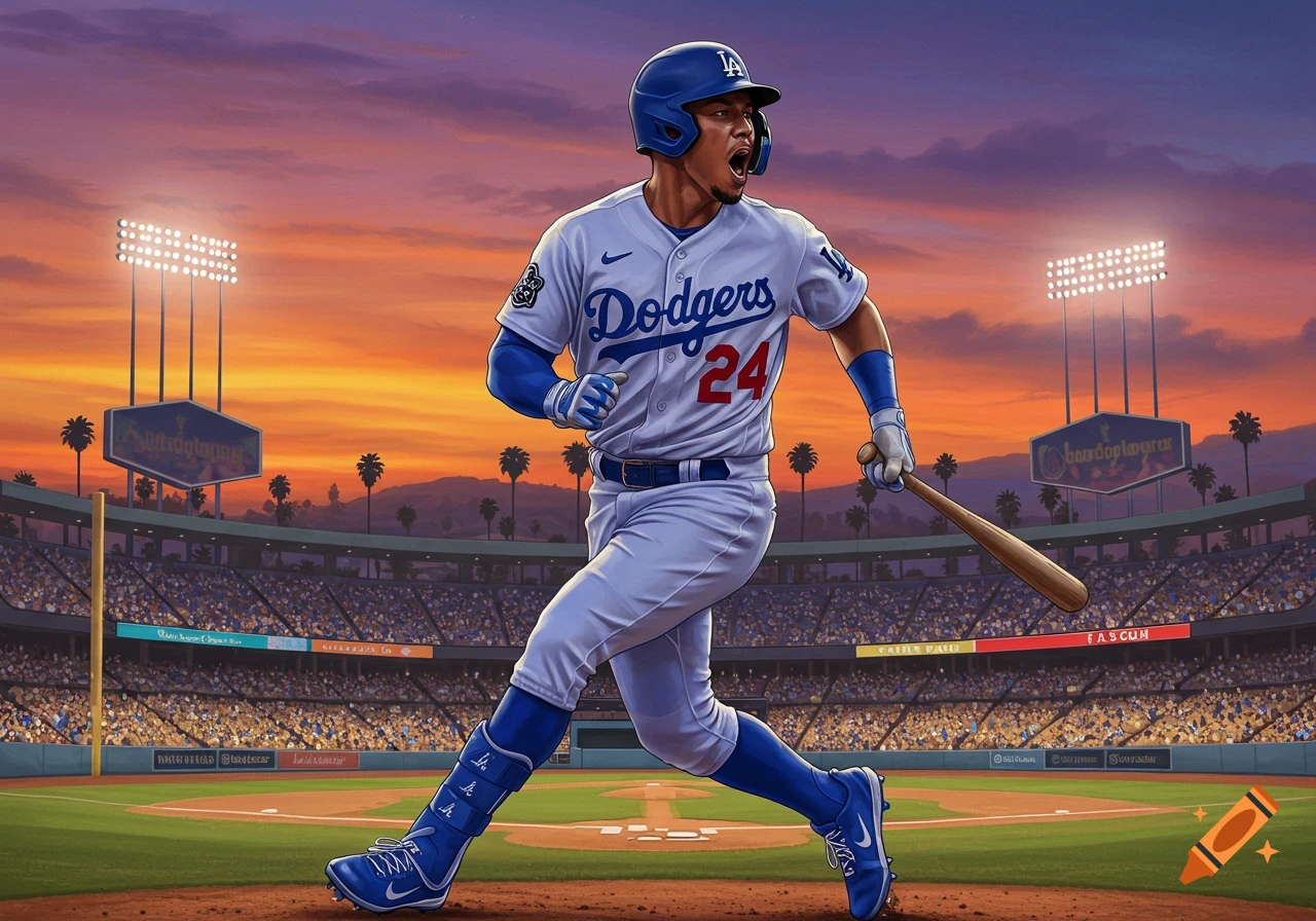 A Dodgers baseball player in uniform runs across the field in a stadium ...