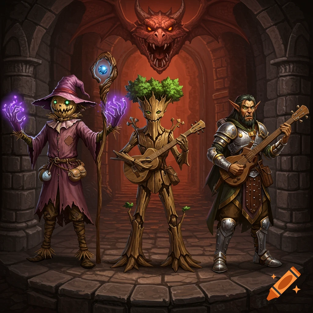 A scarecrow wizard, a tree-like bard, and an armored figure stand in a ...