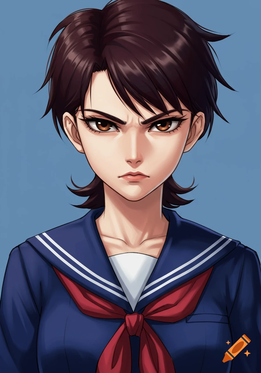 A stern anime woman with dark hair in a pixie cut and brown eyes ...