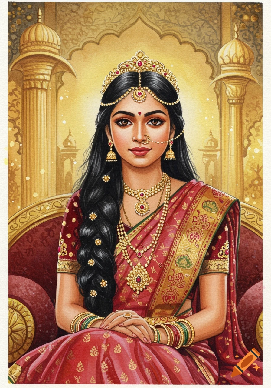 Watercolor portrait of a royal Indian princess in traditional dress and ...