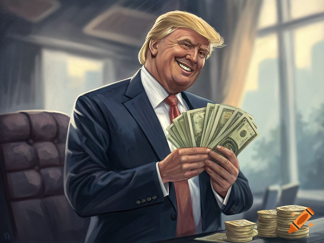 Illustration of Donald Trump smiling and holding a fan of cash in an ...