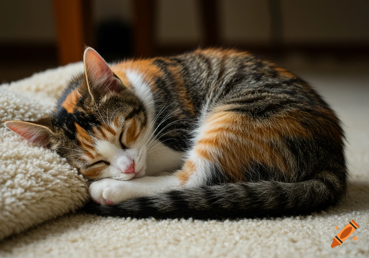 A calico cat sleeps curled up on a fluffy rug. on Craiyon