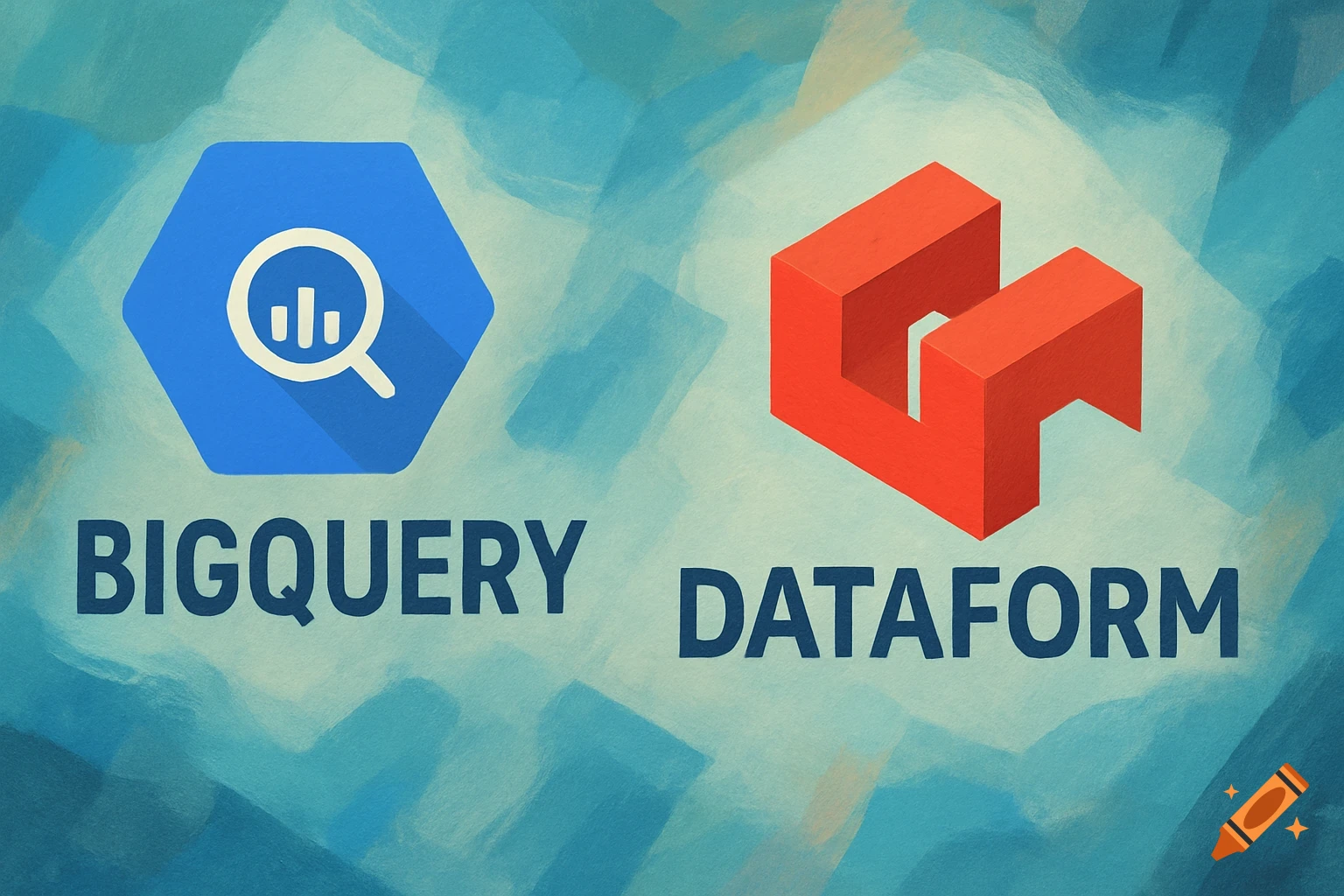 Logos for BigQuery and Dataform in a painterly style. on Craiyon