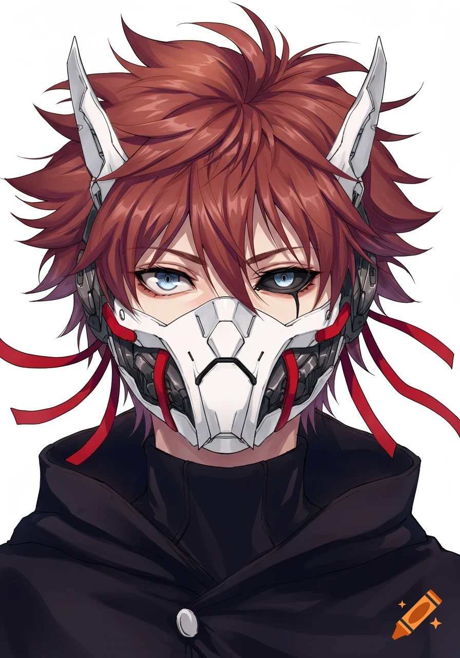 Anime character with red hair and eyes, wearing a white futuristic mask ...