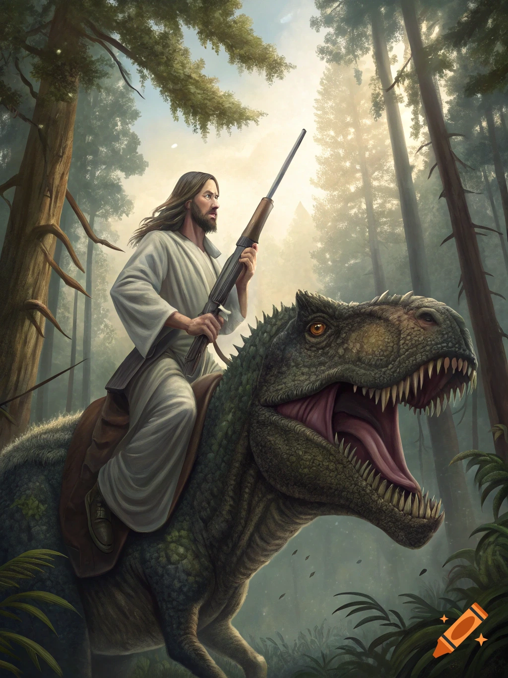 Illustration of Jesus riding a dinosaur through a forest, holding a ...
