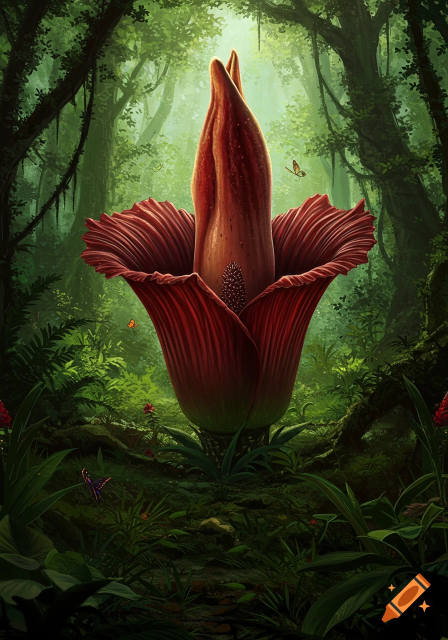 A giant red corpse flower blooms in a lush rainforest. on Craiyon