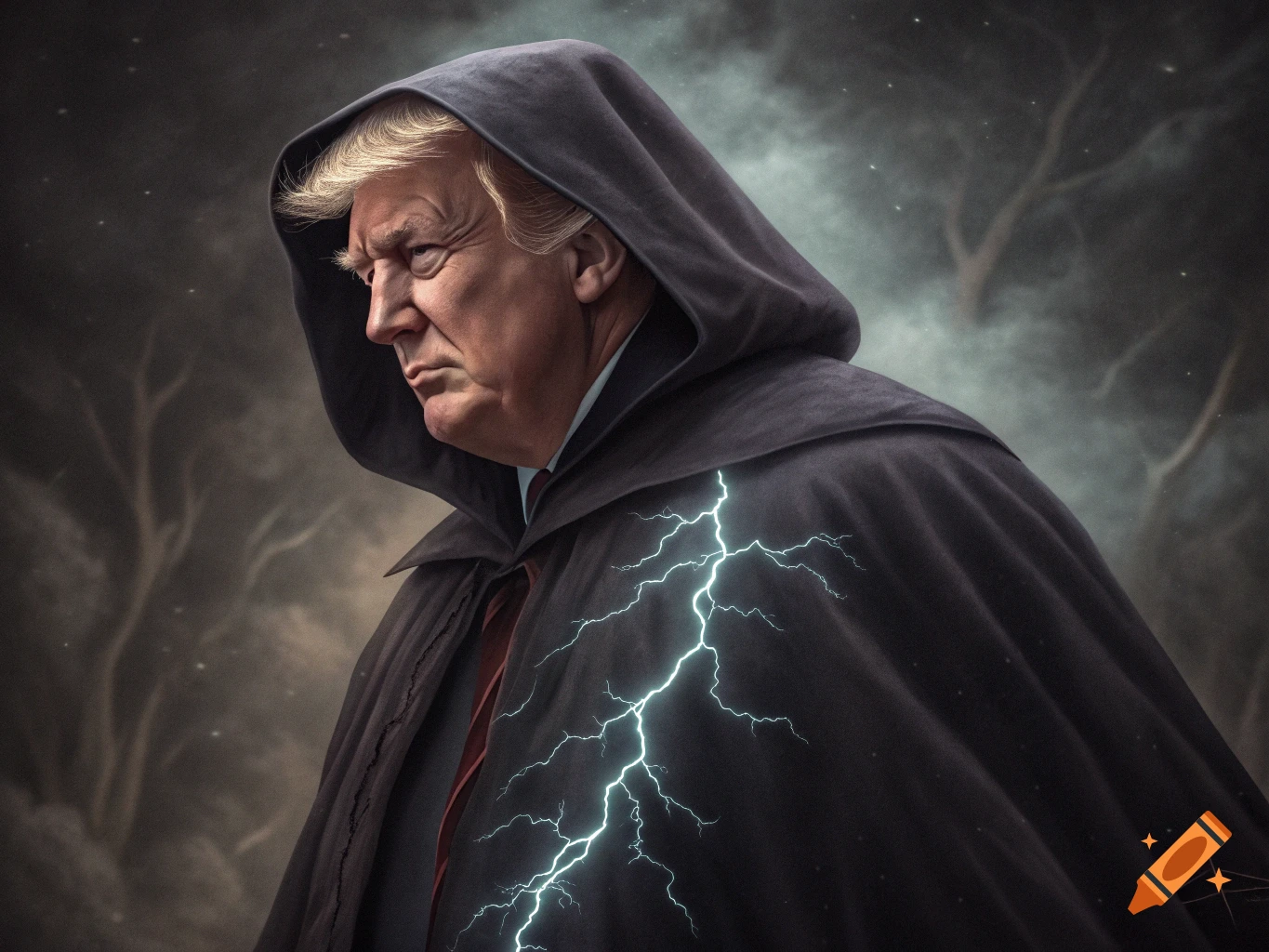 Donald Trump wears a dark hooded cloak with lightning bolts on Craiyon