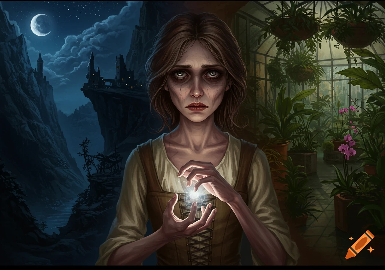 Digital painting of a gaunt woman holding glowing light, with a gothic ...