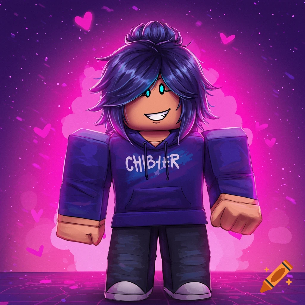 A Roblox character in a purple hoodie stands against a pink and purple ...