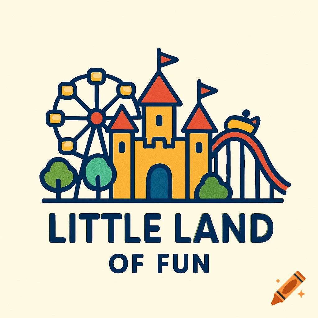 Simple illustrated logo for Little Land of Fun theme park featuring a castle, Ferris wheel, and ...