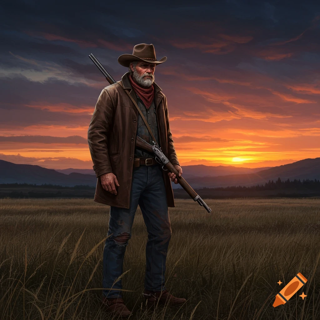 A cowboy hunter with a rifle stands in a field at sunset. on Craiyon