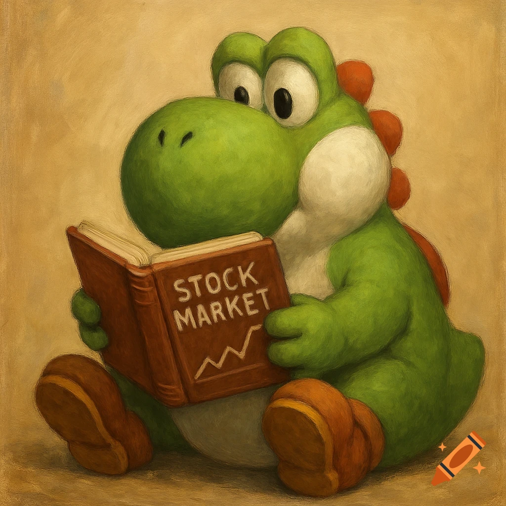 Yoshi, the green dinosaur, reads a book titled 'STOCK MARKET'. on Craiyon