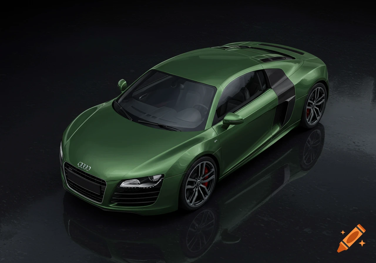 High-angle view of a dark green Audi R8 coupe on a reflective black ...