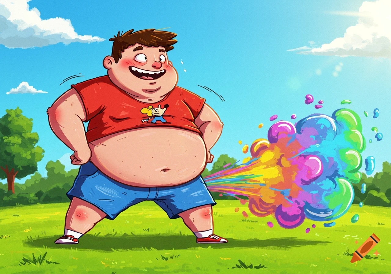 A smiling cartoon boy in a park farts a large, colorful rainbow cloud ...