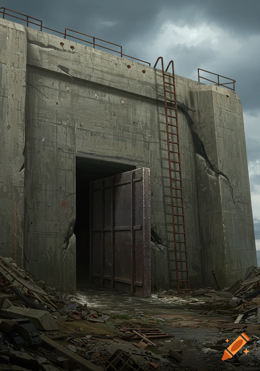 A large concrete bunker with an open door and ladder, surrounded by ...