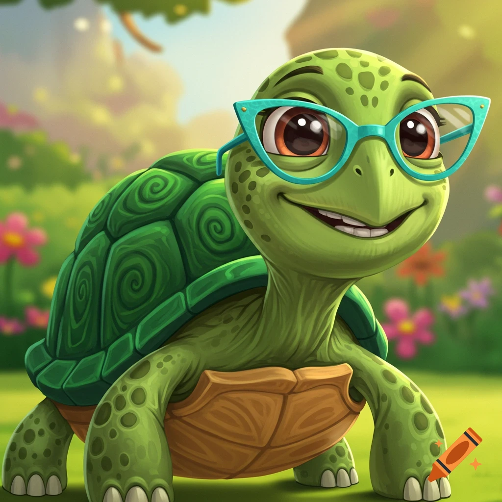 A cartoon turtle wearing turquoise cat-eye glasses smiles in a sunny ...