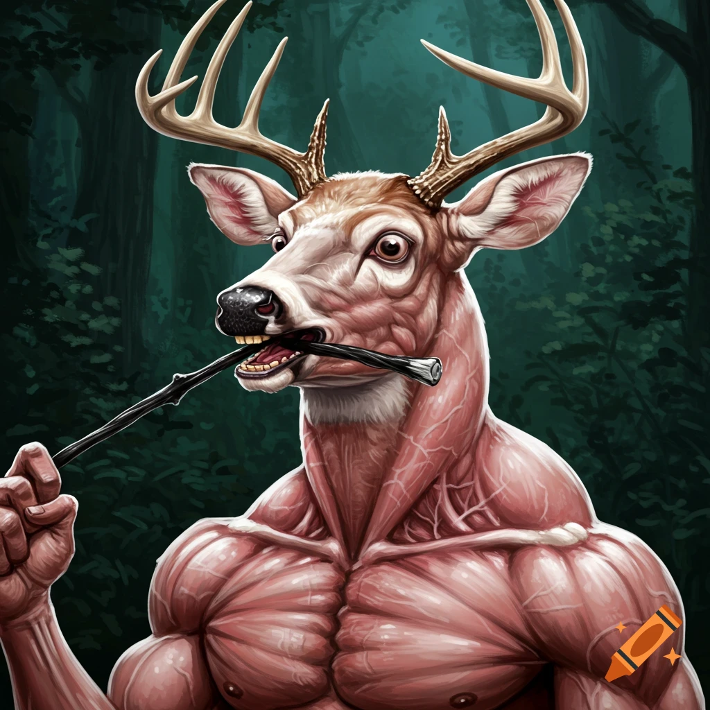 A creature with a deer head and a muscular, skinless body holds a stick ...