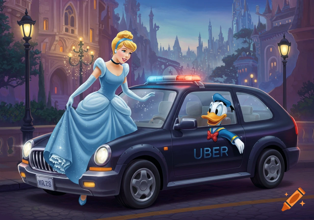 Cinderella steps out of a black car driven by Donald Duck, with 'UBER ...